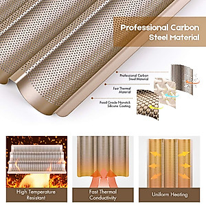 AMAGABELI GARDEN & HOME Nonstick French Baguette Pans For Baking 15"x11" Carbon Steel 3 Loaf Perforated Bread Tray Bake Mold Toast Cooking Oven Toaster Pan Cloche Waves Bakeware Golden BG285