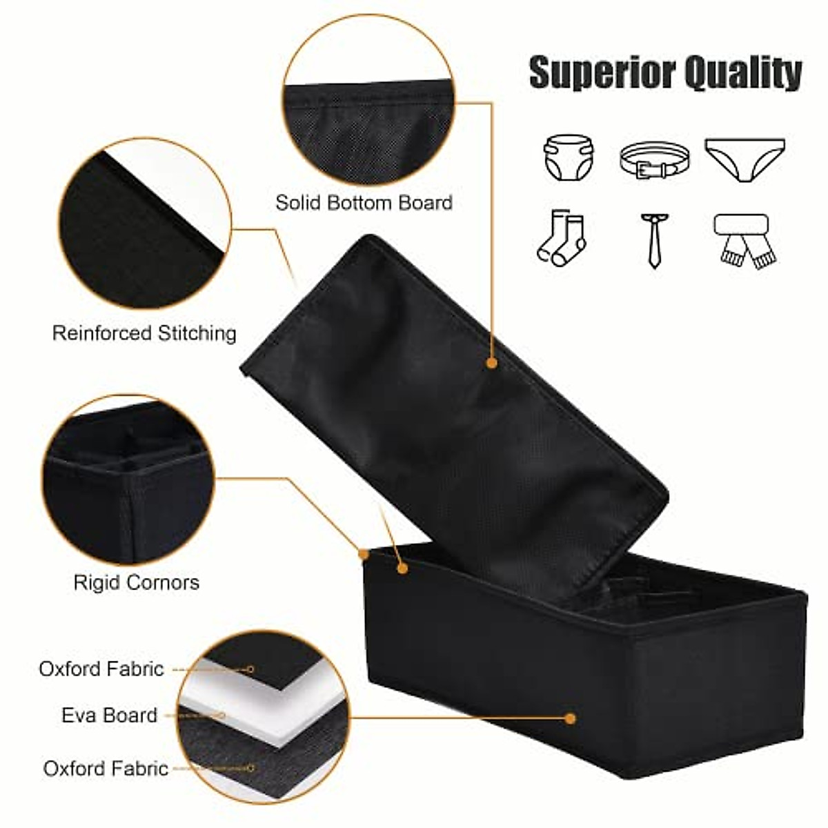 ULG 4 Pack Socks Underwear Drawer Organizer Divider, Washable Dresser Foldable Oxford Fabric Closet Organizers and Storage Boxes for Socks, Underwear, Ties, Belts (Black), Large (UL421041503)