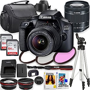 Canon EOS Rebel 4000D / T100 DSLR Camera w/Canon EF-S 18-55mm Lens + 2Pc 64GB Memory Card + Tripod + Photo and Video Editor & More (Renewed)