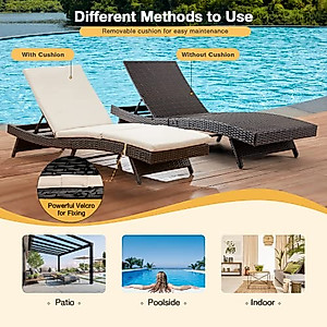 Vicluke Patio Chaise Lounge Chair, Outdoor Rattan Wicker Reclining Chaise with Adjustable Backrest and Removable Cushion, Pool Lounge Chair Sun Lounger for Poolside, Balcony, Garden (1 Piece, Khaki)