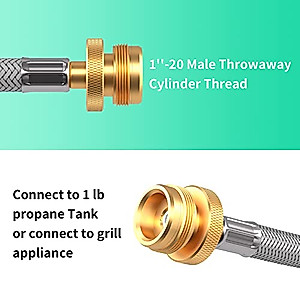 Generep 5 Feet Stainless Steel Braided Propane Adapters Hose Convert Connects 1lb Portable Appliance to 1-20 lb Propane Tank,Safe and Durable