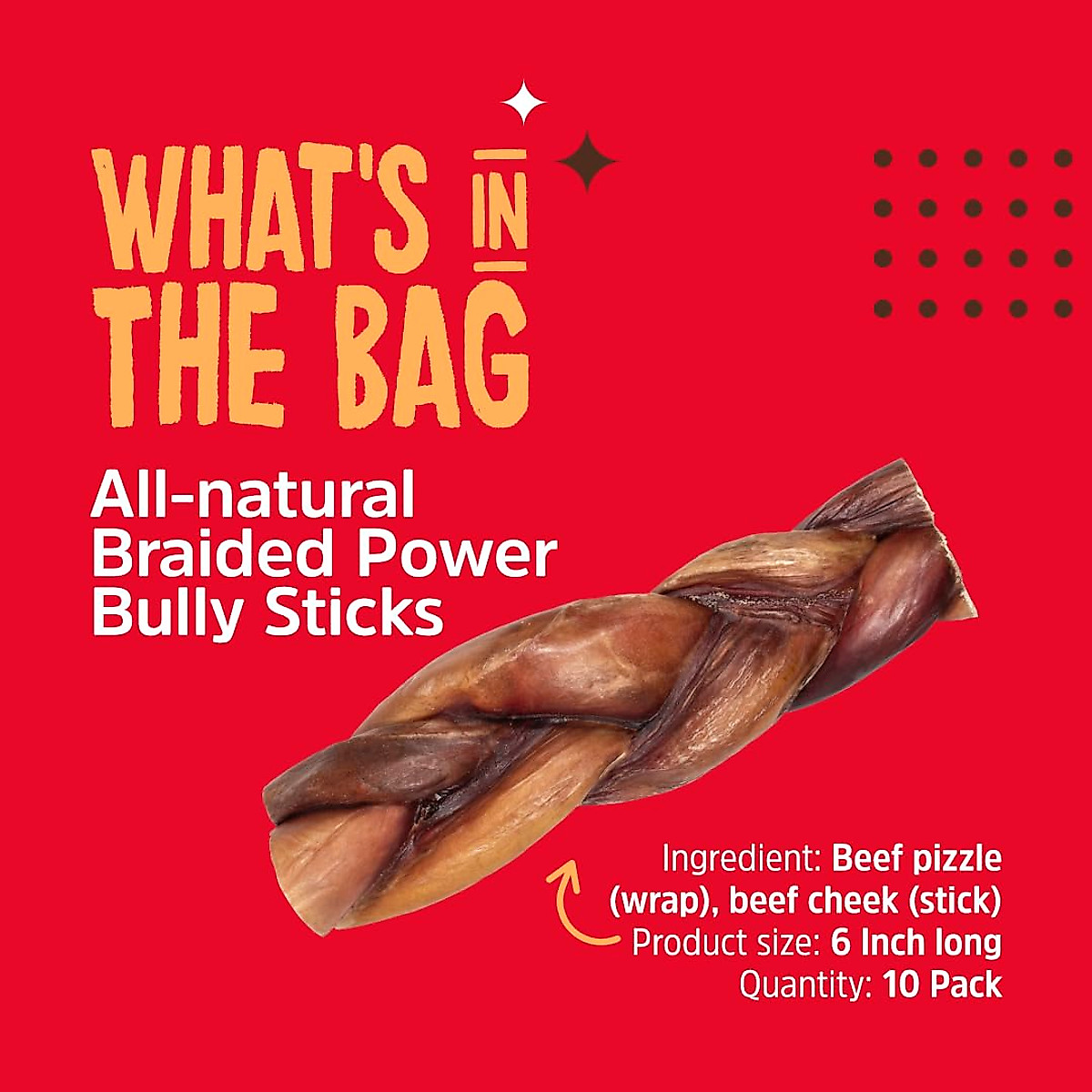 Dogfy Braided Power Bully Sticks Dog Chews (6”, 10-Pack), 2-in-1 Power Chews: Premium Beef Cheek Wrapped in Beef Pizzle, Braided Together for a Very Long Lasting Chew, Great for Medium Dogs