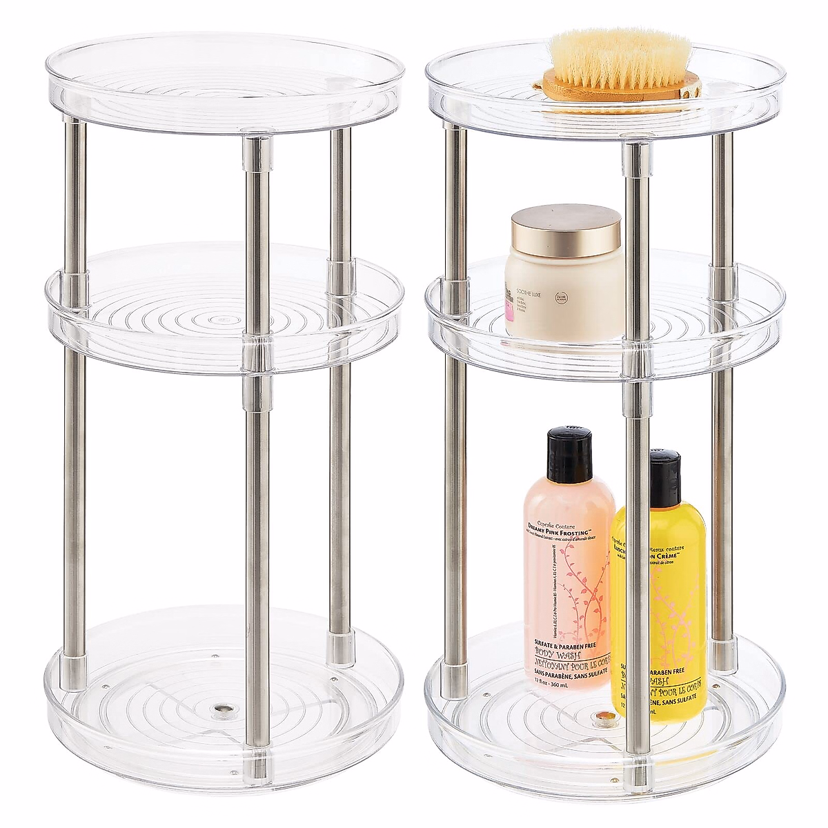 mDesign Spinning 3-Tier Lazy Susan 360 Rotating Makeup Organizer Storage Tower - Beauty Cosmetic Organization Caddy for Bathroom Vanity, Countertop, Makeup Table - Ligne Collection - 2 Pack - Clear
