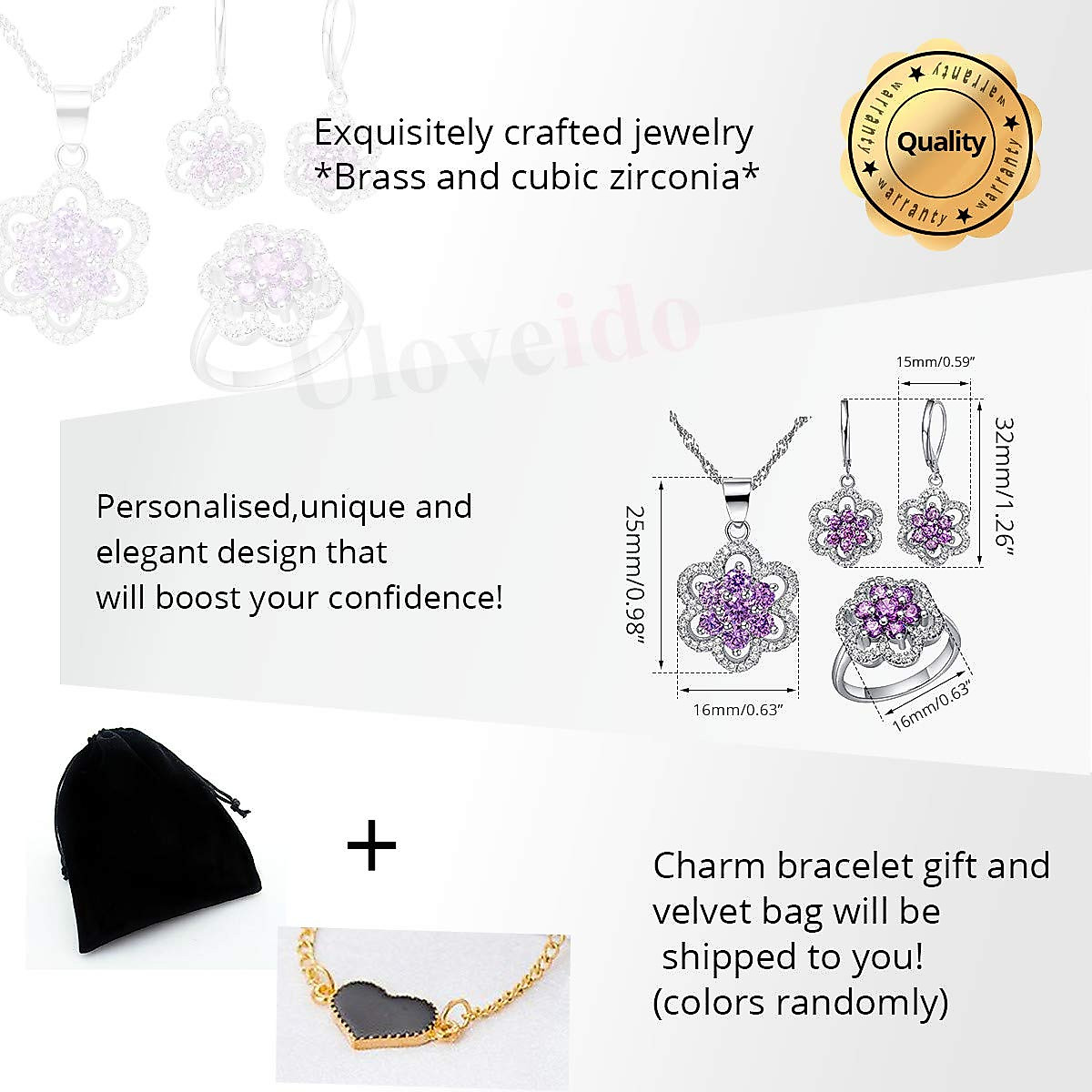 Uloveido Purple Cubic Zirconia Flower Earrings Necklace Ring Set for Women CZ Bridal Jewelry Sets for Bridesmaids T489 (Purple, Size 6)