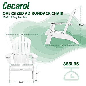 Cecarol Oversized Adirondack Chair, Poly Lumber Patio Fire Pit Chair with 2 Cup Holders, 385lb Weight Capacity, All Weather Resistant and Durable Outdoor Chairs for Poolside, Lawn, Garden, White-AC01