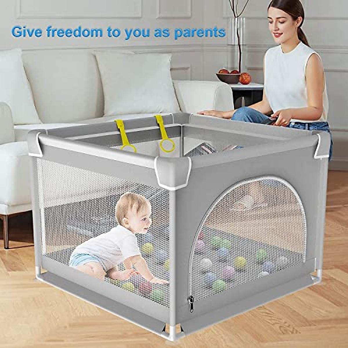 Baby Playpen,Playpen for Babies and Toddlers,Baby Play Yards Indoor,Safety Play Yard for Babies with Soft Breathable Mesh,No Gaps Large Baby Playpen, Small Playpen for Babies(36”×36”,Gray)