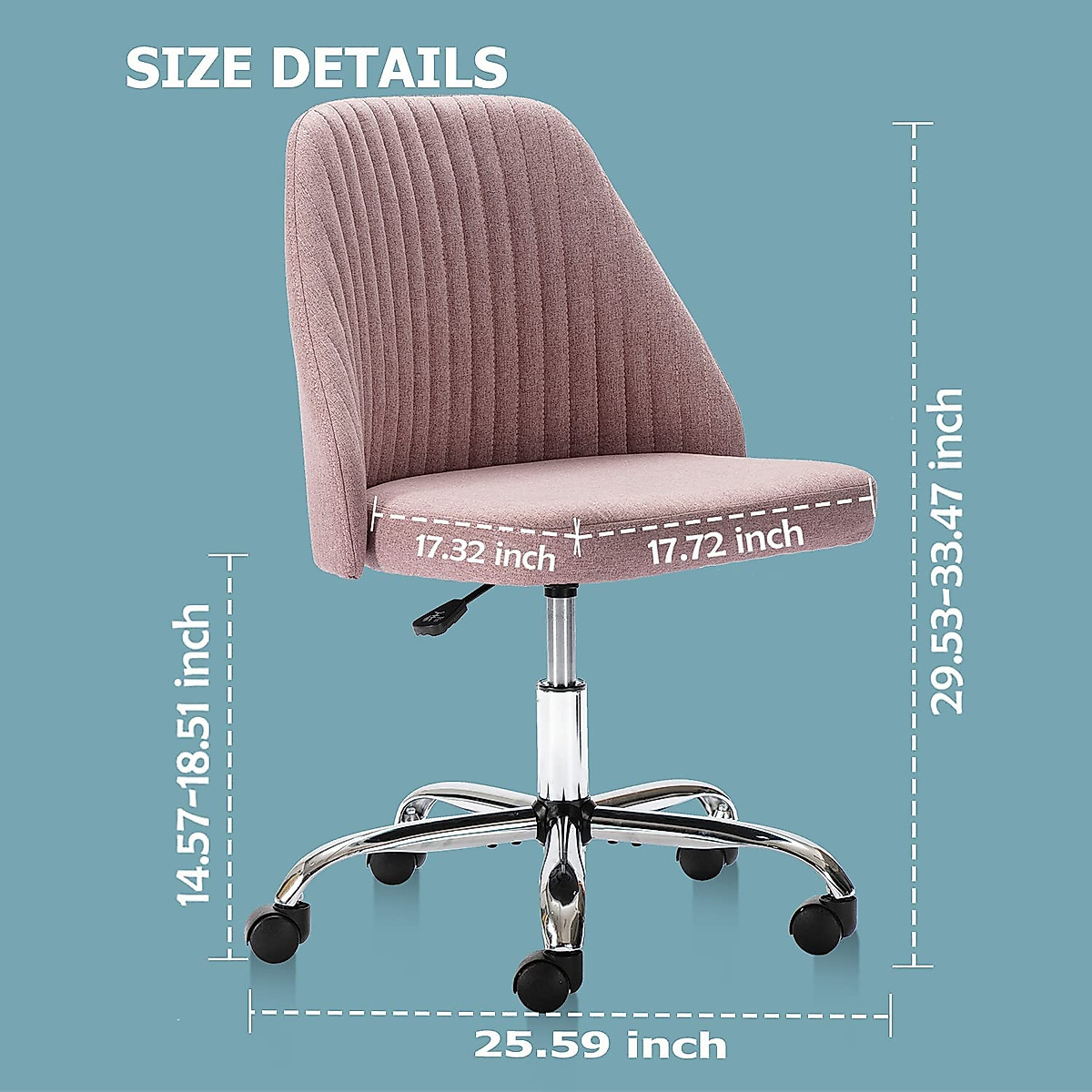 edx Home Office Desk Chair, Vanity Chair, Modern Adjustable Low Back Rolling Chair, Twill Upholstered Cute Office Chair, Desk Chairs with Wheels for Bedroom, Classroom, Vanity Room (Rose Pink)