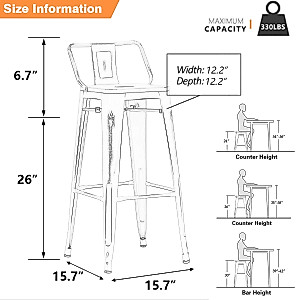 Yongchuang 26" Metal Bar Stools with Backs Set of 4 Indoor Outdoor Kitchen Counter Height Barstools Low Back Bar Chairs Rusty
