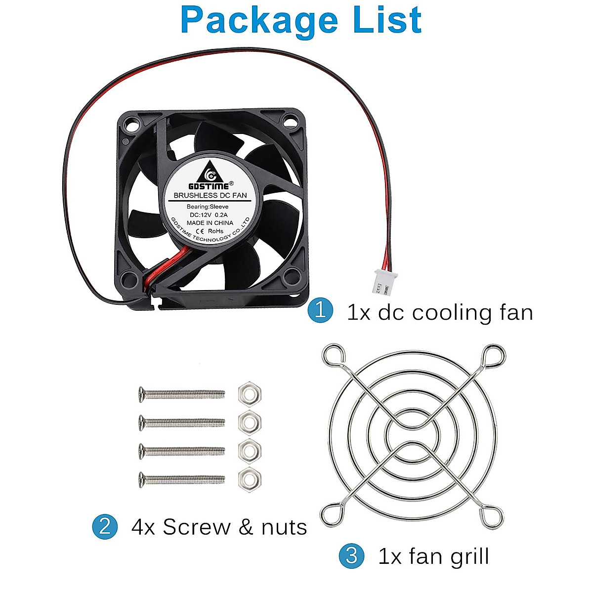 GDSTIME Dc 12V 60mm 6cm 60x60x25mm 2 Wire Brushless Cooling Fan