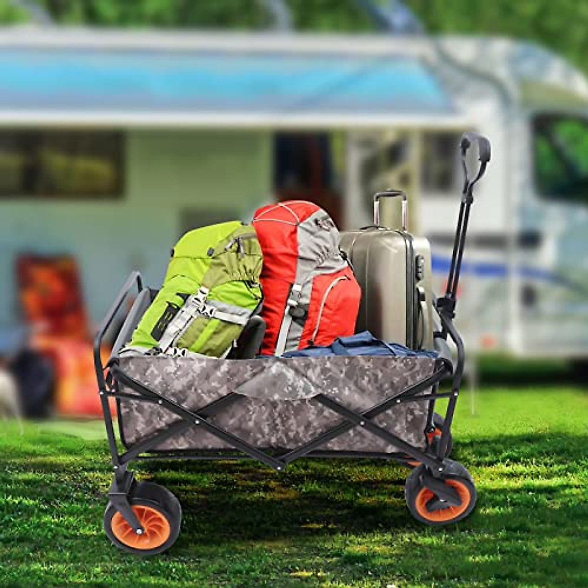 Collapsible Foldable Wagon with Brakes, Heavy Duty Utility Wagon Cart, Large Capacity Grocery Wagon for Camping Garden Beach Shopping,Handle Adjust