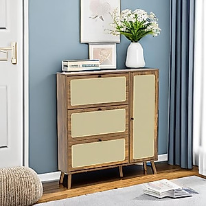 FOKWE Natural Rattan Shoe Cabinet, Shoe Cabinet with 3 Flip Drawers and Storage Shelves, Modern 3-Tier Shoe Rack Storage Cabinet for Entryway, Hallway, Bedroom(Walnut)