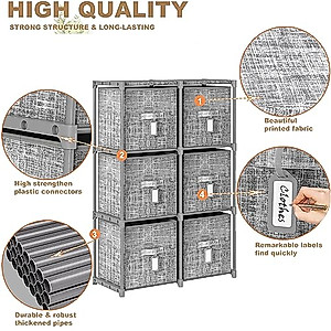 LUKYTOWER Cube Storage Organizer Shelf with 6 Printed Bins + Labels, Cubby Storage Organizer with Bins, Large Capacity Shelves for Storage,Closet, Living Room, Dorm, Yarn