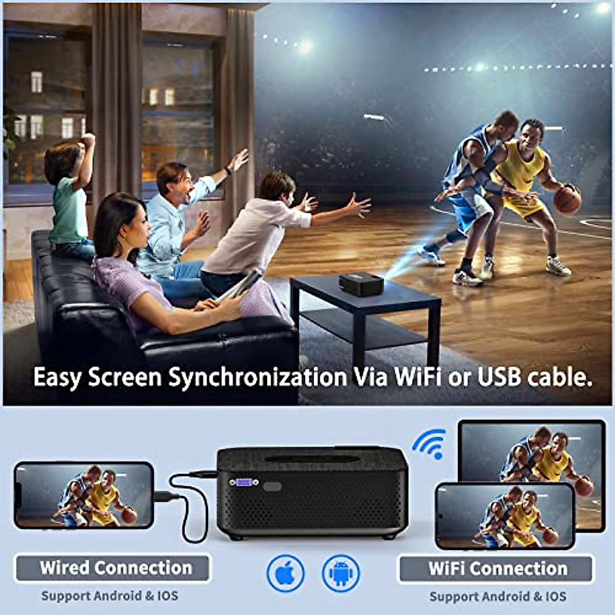 WiFi Projector, VILINICE 7500L Mini Bluetooth Movie Projector ,Portable Phone Projector with Wireless Mirroring,1080P and 240" Supported, Compatible with Fire Stick,HDMI,VGA,USB,TV,Box,Laptop,DVD