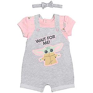 STAR WARS The Child Infant Baby Girls French Terry Snap Short Overalls T-Shirt and Headband 3 Piece Outfit Set Light Gray 18 Months