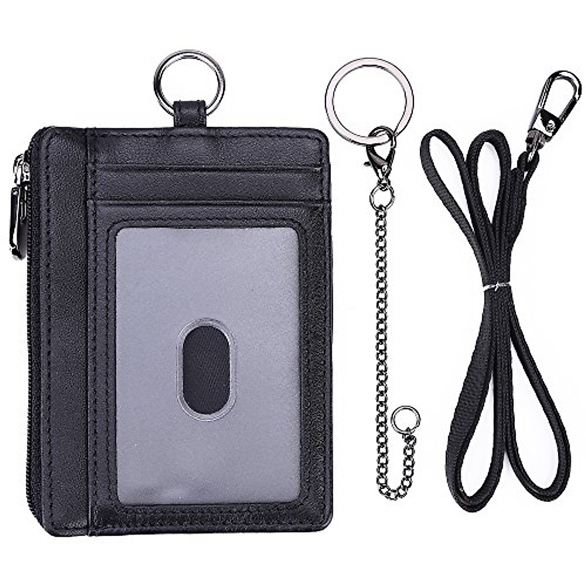 kinzd Slim Minimalist Zipper Credit Card Holder Leather Front Pocket Wallet with Keychain Ring Lanyard Strap