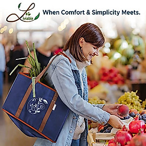 Liviable Reusable Grocery Shopping Bags, Foldable, Heavy Duty Tote, Box Bags with Long Handles and Solid Bottom, Large - Set of 3, Navy Blue