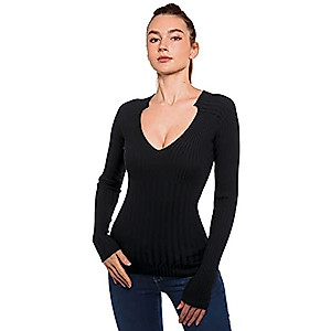 AmélieBoutik Women V Neck Raglan Long Sleeve Ribbed Pullover Sweater (Black X-Small)