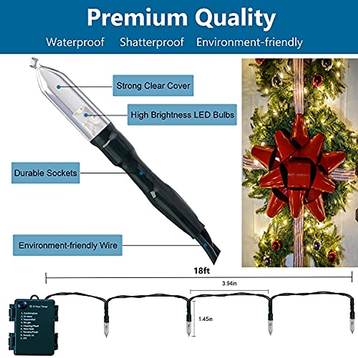 Christmas Lights - 50 LED Mini Lights Battery Operated String Lights 8 Lighting Modes LED String Lights with Timer for Christmas Tree Wreath Party Home Indoor Outdoor Decor, Waterproof, Warm White