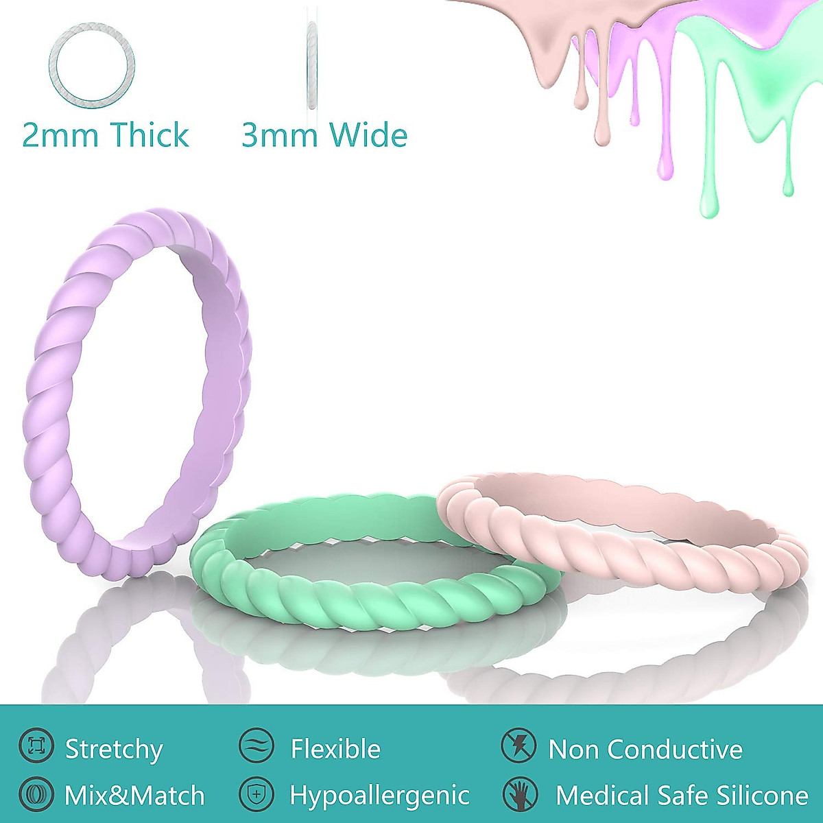 Zollen 12 Packs Silicone Wedding Rings for Women, Thin Braided Rubber Wedding Bands Stackable Ring, Hypoallergenic Silicone, Size 6