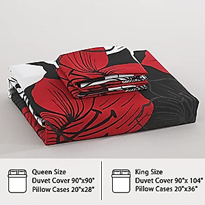 Black Duvet Cover Set King Red Floral Pattern Comforter Cover Boho Lily Floral Duvet Cover with 2 Pillow Cases Lightweight Microfiber Elegant Bedding Duvet Cover Set All Season 90"x 104"