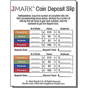J Mark 400 Neatly-Packed Flat Coin Roll Wrappers Assorted, Made in USA, (Quarters, Dimes, Nickels, Pennies), ABA Striped Kraft Paper Coin Rolls Wrappers, Includes J Mark Deposit Slip