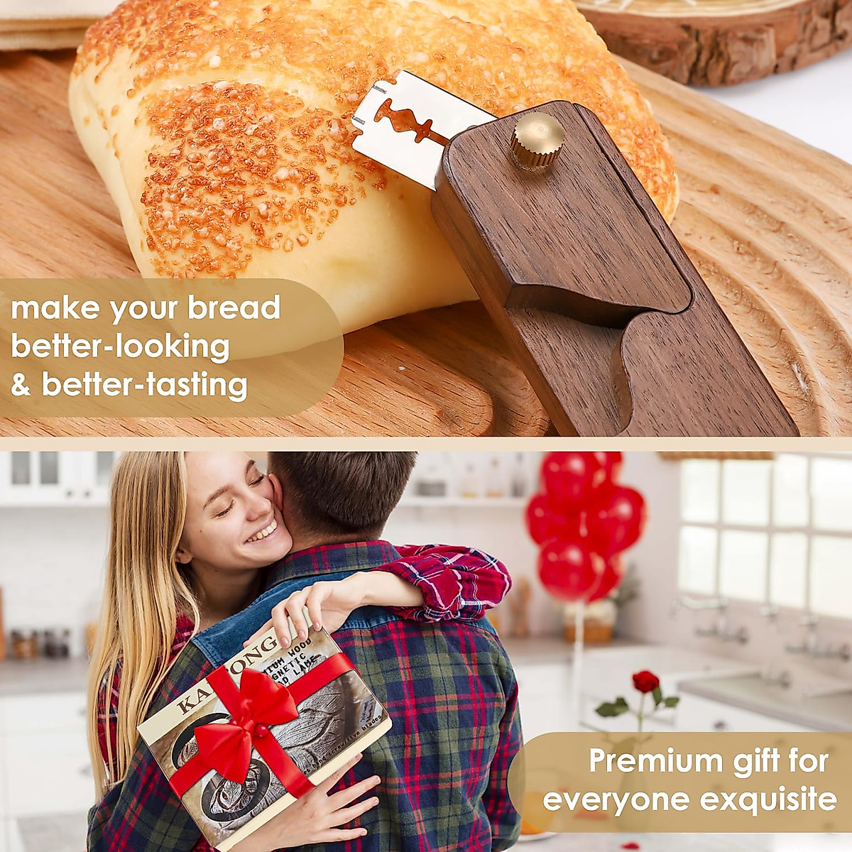 KAITONG Premium Magnetic Bread Lame Dough Scoring Tool, Wooden Hand Crafted Sourdough Lame Bread Scoring Tool, Dough Scoring Knife for Sourdough Bread Baking & Bread Making Tools & 5Razor Blades