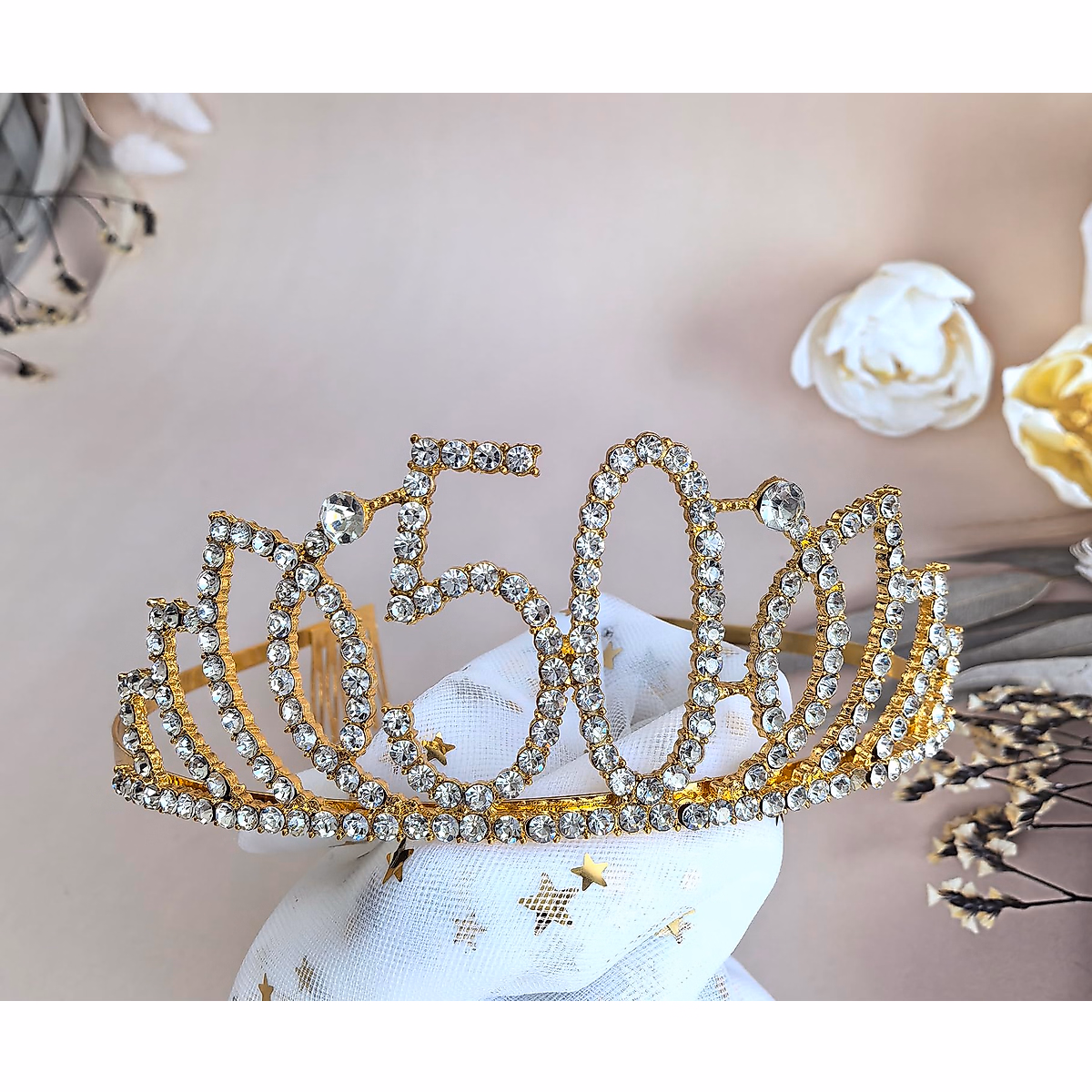 Dgasin 50th Birthday Tiara and Sash Happy 50th Birthday Party Supplies 50 Fabulous Black Glitter Satin Sash and Crystal Tiara Princess Birthday Crown for Women 50th Birthday Party Decorations