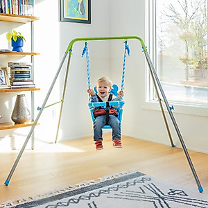 Sportspower My First Toddler Swing - Heavy-Duty Baby Indoor/Outdoor Swing Set with Safety Harness, Blue, 52"L x 55"W x 47"H