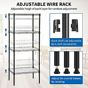 YRLLENSDAN Adjustable Height Wire Shelving with Shelf Liners, 4 Tier Metal Storage Shelves 600lbs Loading Capacity Shelving Units and Storage for Kitchen and Closet (18W x 12D x 44H), Black