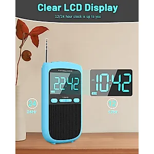 Sunoony Portable Radio AM FM, 900mAh Rechargeable Battery Personal Pocket Radio with Best Reception, Clearly LCD Screen, Earphone Jack, Time Setting Transistor Radio for Home & Outdoor, Walking (Blue)