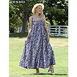 YESNO Maxi Dress for Women with Pockets Boho Summer Dress with Wide Adjustable Buttoned Strap M E96 CR148