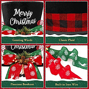 Christmas Tree Topper Decorations Gifts, Collapsible Black Velvet Hat with Plaid Red Green Bow Snowflake Elk Ribbon Merry Xmas Sign Handmade Ornaments Supplies Large Holiday Indoor Home Decor
