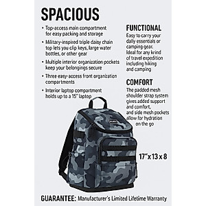 FUEL Multi-Pocket Cargo Backpack with High Capacity Top-Loader Entry, Black/Midnight Blue/Camo