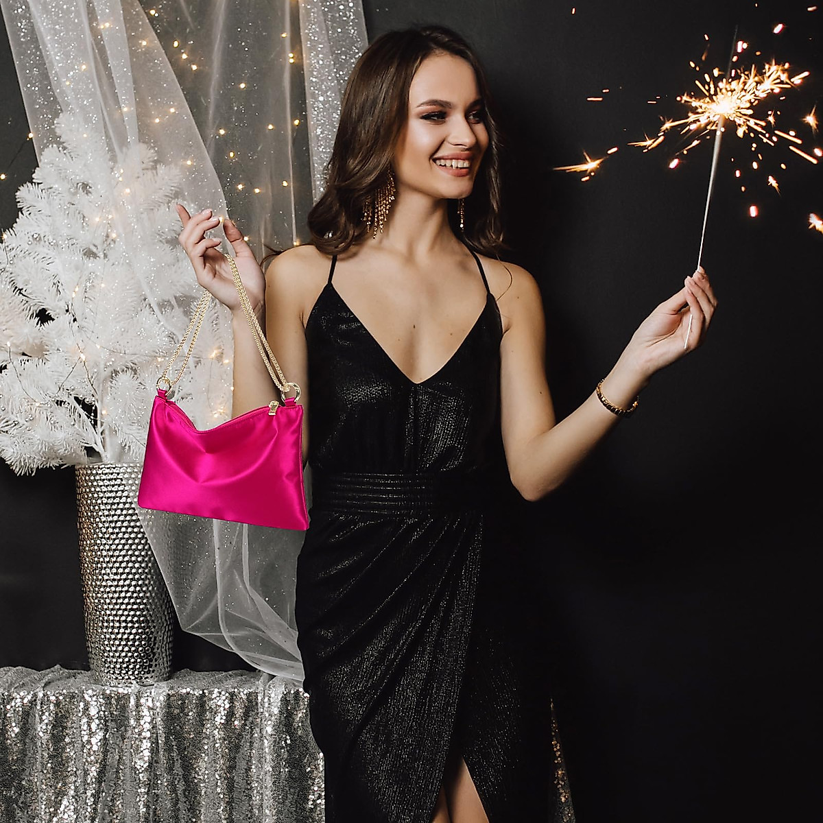 MGBPEI Women Satin Evening Handbag Wedding Prom Clutch Purse Formal Cocktail Party Clutches Shoulder Bag with 2 Bag Chains(Hot Pink)