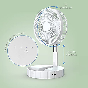 Romi Floria Portable Standing Fan Foldable Desk Fan, 7200mAh USB Quiet Fan, Mini Floor Fan, Telescopic Pedestal Fans Adjustable Height 14.17”-39.37” For Home Outdoor Camping (Wihte)