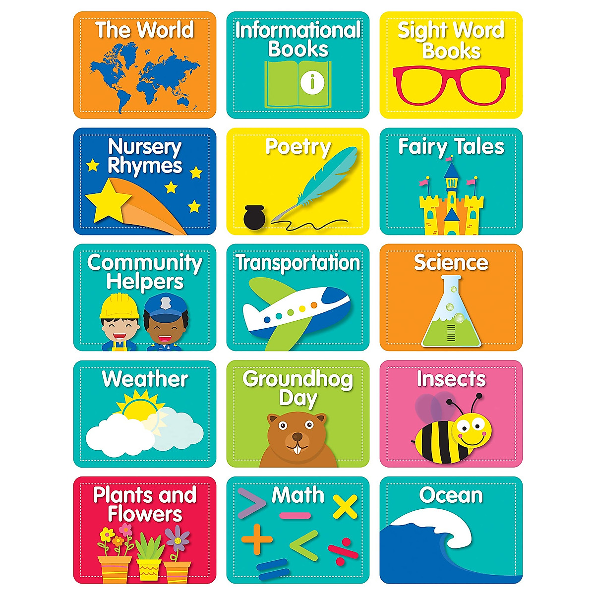 Schoolgirl Style - Just Teach | Library Labels Colorful Cut-Outs, Classroom Décor, 45 Pieces