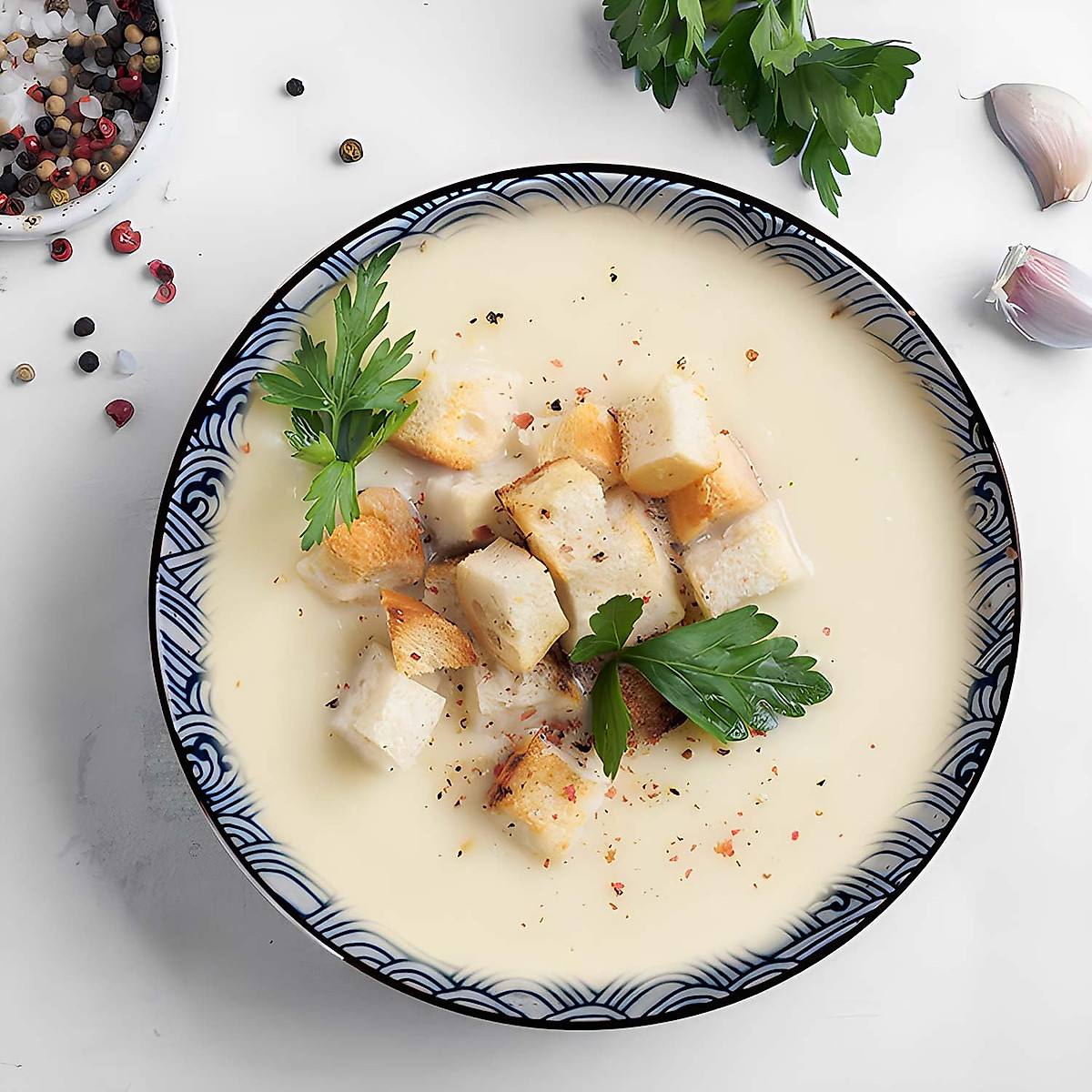 QINLANG 38 oz Japanese Ramen Bowls, Cereal Bowls, Soup Bowls, Pho Bowls, Noodle Bowls, 8 in Blue and White Ceramic Bowls Set of 4, Wave Pattern