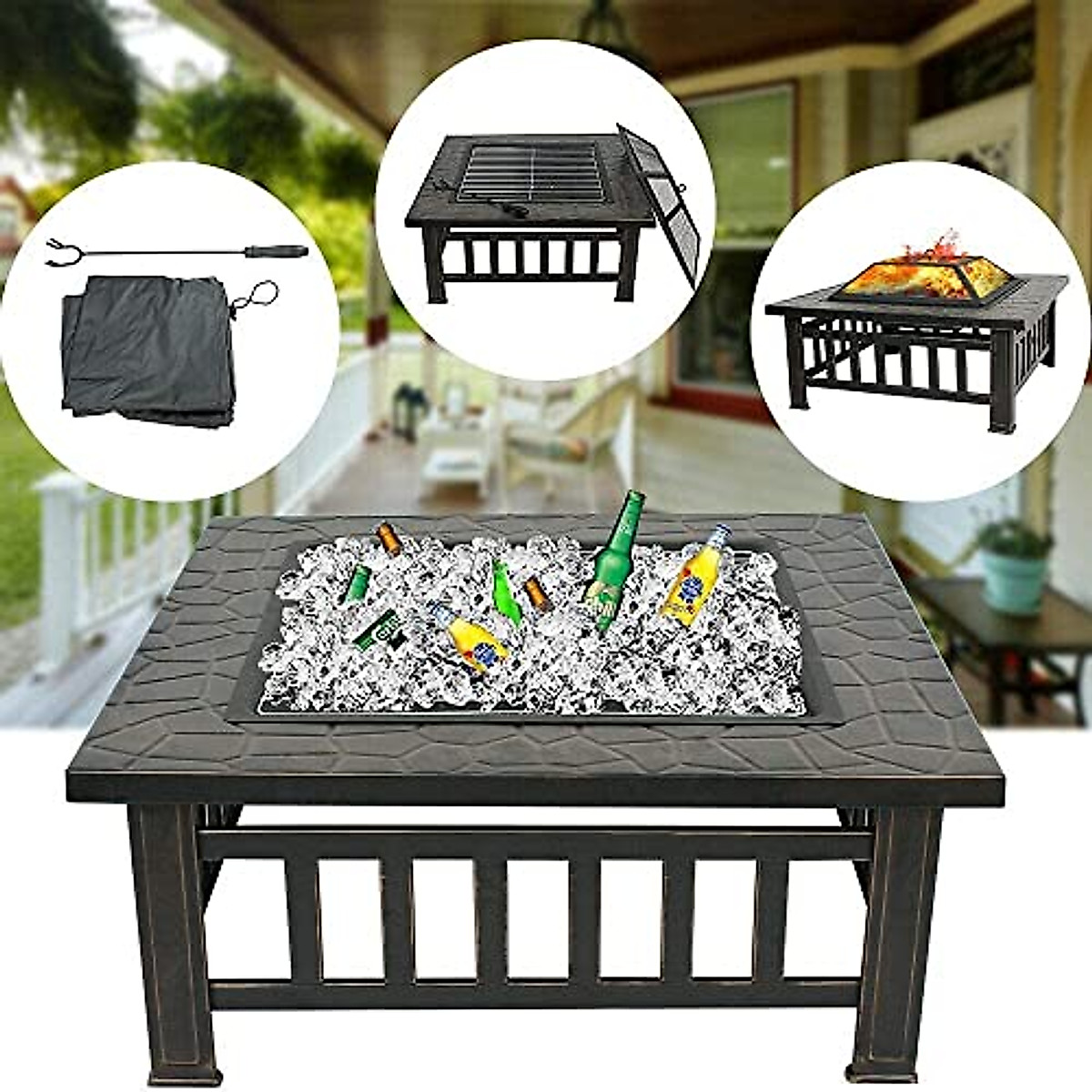 JupiterForce 32" Outdoor Metal Fire Pit Square Metal Firepit Stove for Backyard, Patio, Garden, Bonfire, Camping and Picnic with Rainproof Cover, Black