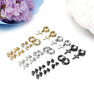 Aroncent 15 Pairs Mens Earrings Cross Earrings for Men Hoop Earrings Dangle Cross Earrings Fake Earrings CZ Stud Earrings for Men Women Stainless Steel Earrings Set