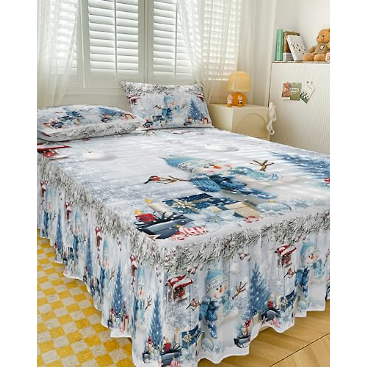 AMZRicher Snowman Wrap Around Pleated Bed Skirts for Queen Bed 60x80, Decorative Dust Ruffle Bed Sheet & Bedskirt 18'' Drop Bedspread with Pillow Case 20x30 Christmas Winter Farmhouse Ball Snowflake