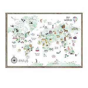 Joocrise Green Kids World Map Wall Art Animal Map Canvas Wall Art Educational Wall Art Nursery Wall Decor World Map Poster Childrens Room Decor Playroom Prints 16x24 Inch Unframed