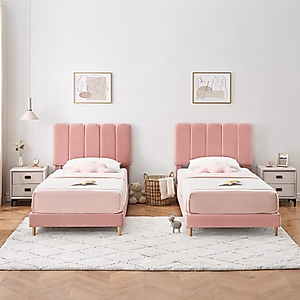 GAOMON Pink Twin Bed Frame, Velvet Upholstered Platform Bed Frame with Headboard, Strong Wooden Slats, Noise-Free,No Box Spring Needed, Easy Assembly (Pink)