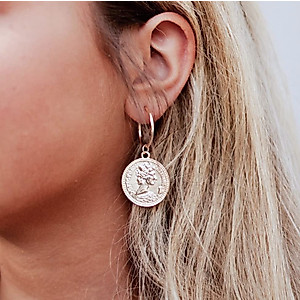 Doubnine Coin Hoops Earrings Medallion Greek Goddess Portrait Gold Dainty Tiny Disc Dangle Women Fashion Jewelry