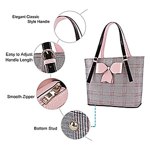 MOSISO Laptop Bag for Women Compatible with MacBook Air/Pro,13-13.3 inch Notebook,Compatible with MacBook Pro 14 inch 2023, PU Leather Large Capacity Travel Briefcase with Bowknot Grid MO-GID001GYPK