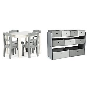 Humble Crew Kids 5-Piece Wood Table, 4 Chair Set and 9 Bin Toy Organizer