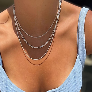 Tasiso Silver Necklaces for Women Silver Plated Layering Paperclip Box Chain Necklace Layered Simple Chain Choker Necklace Set Minimalist Everyday Waterproof Jewelry Gifts