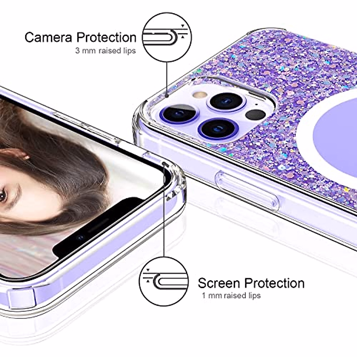 ESTPEAK Magnetic Bling Case for iPhone 13 Pro Max [Compatible with MagSafe] [Cute Twinkle Glitter Design ] Aesthetic Slim Shockproof Protect Sparkle Unique Silicone Phone Cover for Women Girls-Purple