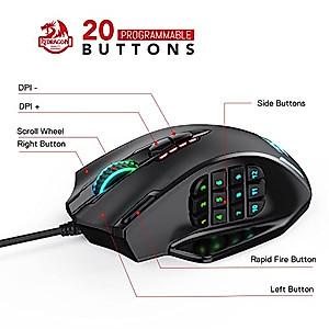 Redragon M908 Impact RGB LED MMO Mouse with Side Buttons Optical Wired Gaming Mouse with 12,400DPI, High Precision, 20 Programmable Mouse Buttons