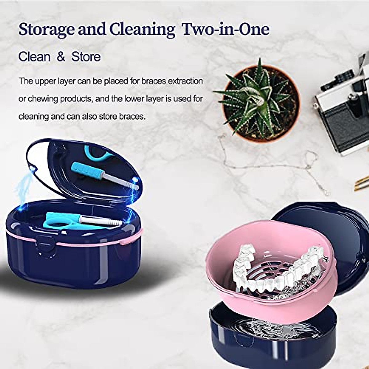 Dentures Case, Denture Bath Case Cup Box Double Layer Dry and Wet Separation Portable False Teeth Container, Denture Cup with Lid for Cleaning Household Office Travel(Blue)