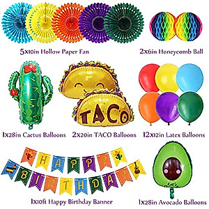 Fiesta Party Decorations, Taco Twosday Birthday Party Happy Birthday Banner Hanging Paper Fans Honeycomb Ball Balloons for Birthday Parties Rainbow Party